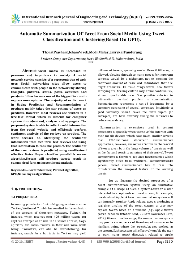 (PDF) Automatic Summarization Of Tweet From Social Media Using Tweet Classification and ...