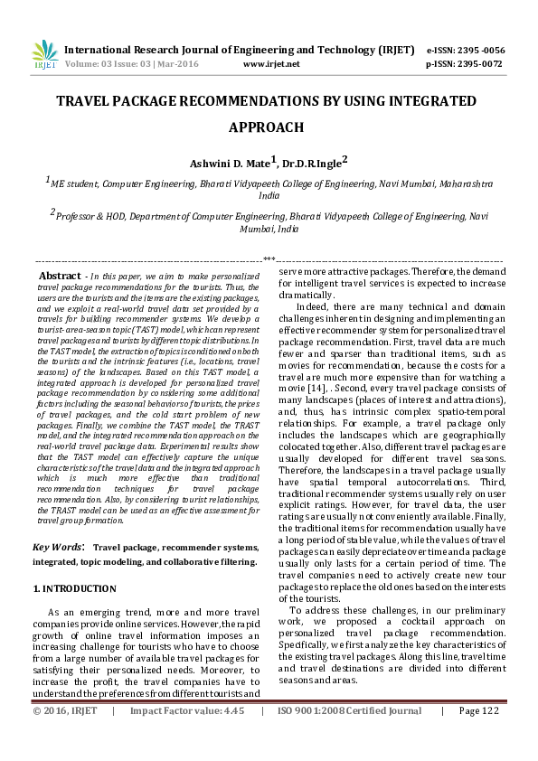 (PDF) TRAVEL PACKAGE RECOMMENDATIONS BY USING INTEGRATED APPROACH