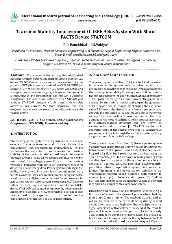 (PDF) Transient Stability Improvement Of IEEE 9 Bus System With Shunt FACTS Device STATCOM