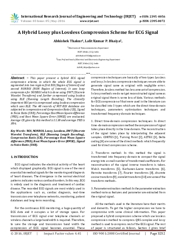 (PDF) A Hybrid Lossy plus Lossless Compression Scheme for ECG Signal