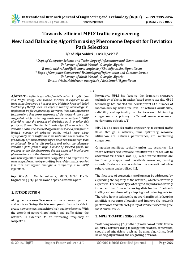 (PDF) Towards efficient MPLS traffic engineering : New Load Balancing Algorithm using Pheromone ...