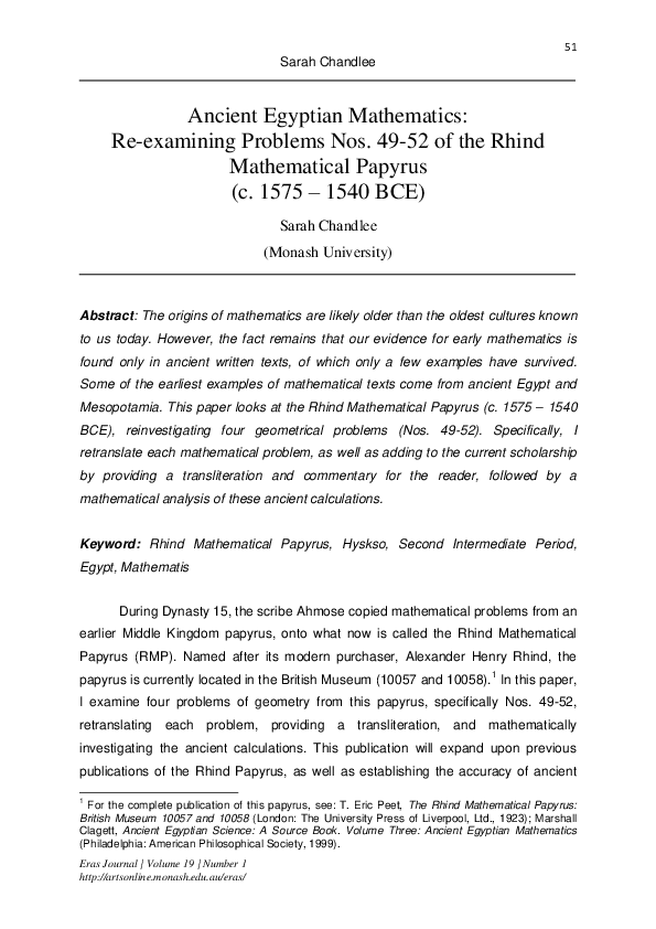(PDF) Ancient Egyptian Mathematics: Re-examining Problems Nos. 49-52 of ...