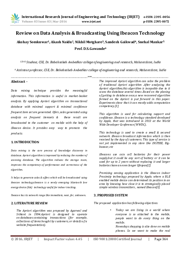 (PDF) Review on Data Analysis & Broadcasting Using Ibeacon Technology | IRJET Journal - Academia.edu