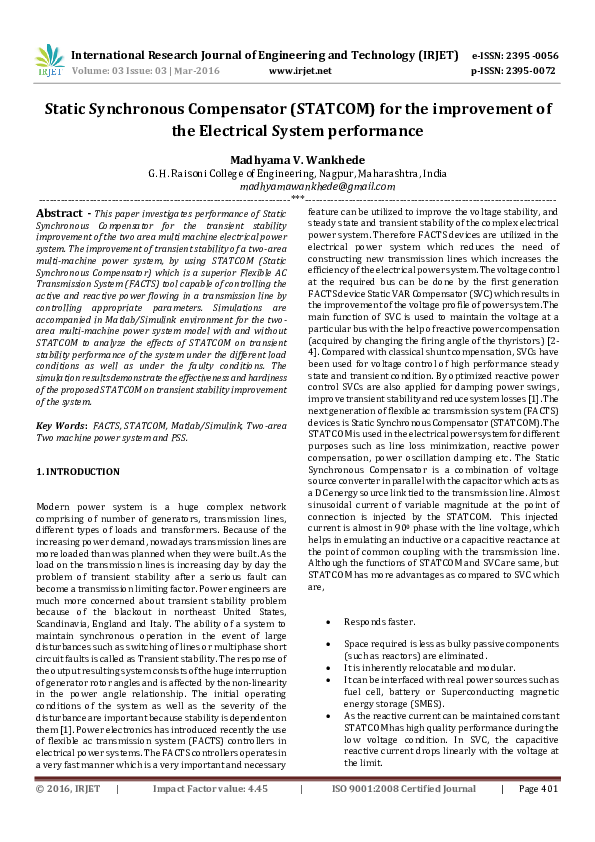 (PDF) Static Synchronous Compensator (STATCOM) for the improvement of ...