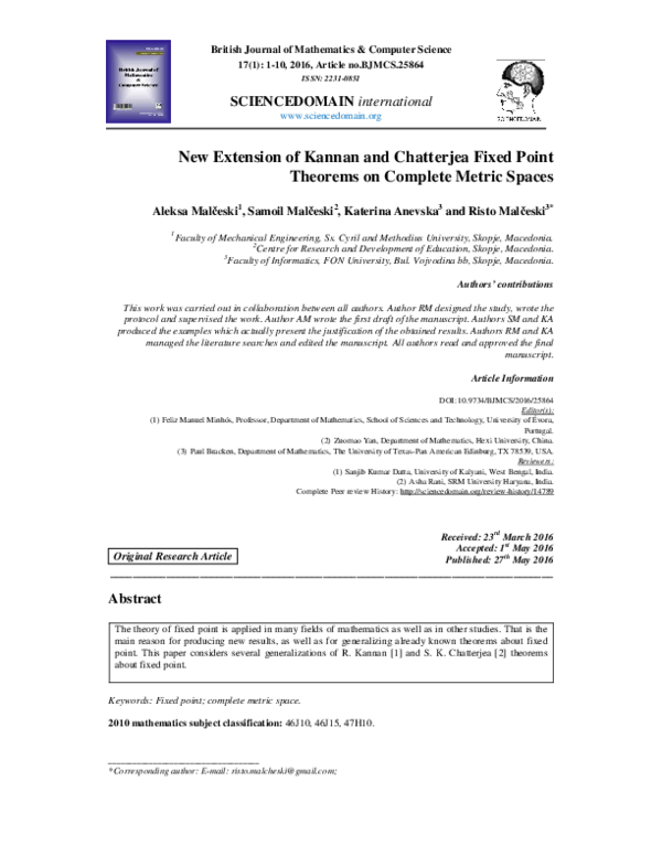 Pdf New Extension Of Kannan And Chatterjea Fixed Point Theorems On Complete Metric Spaces