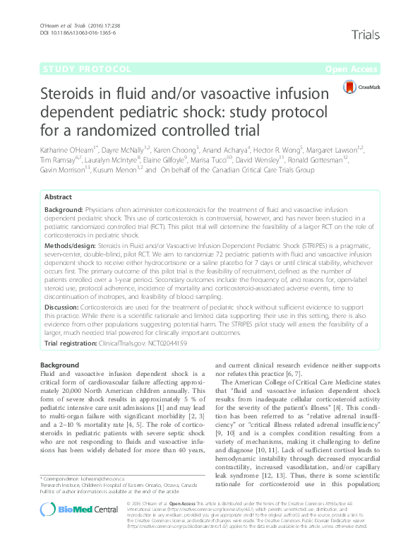 (PDF) Corticosteroids in Pediatric Shock: RCT Protocol