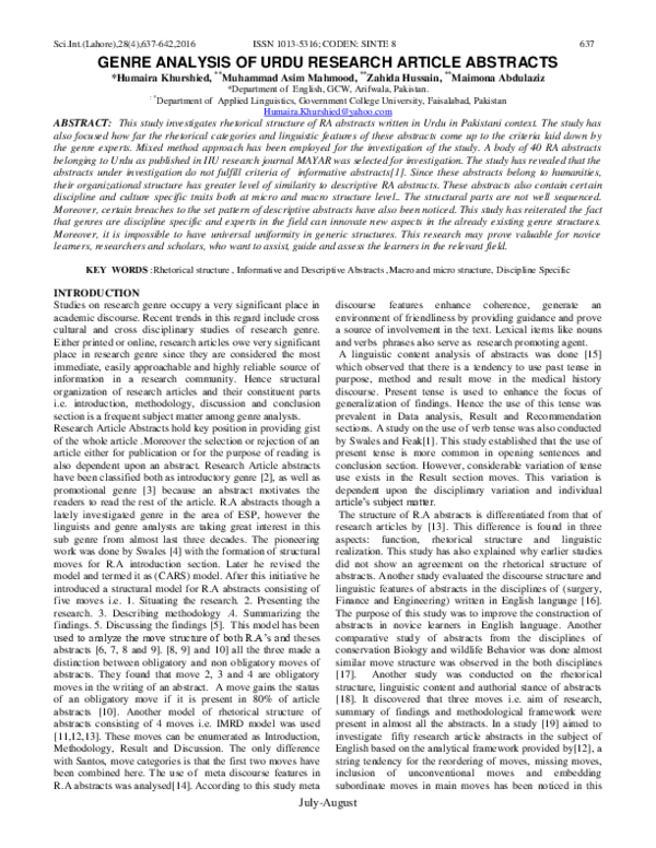 (PDF) GENRE ANALYSIS OF URDU RESEARCH ARTICLE ABSTRACTS.pdf