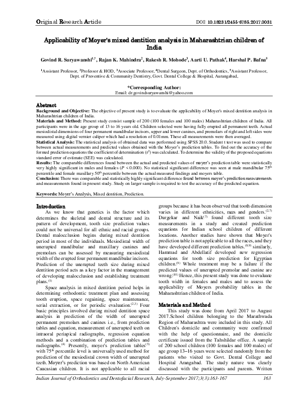 (PDF) Applicability of Moyer's mixed dentition analysis in ...