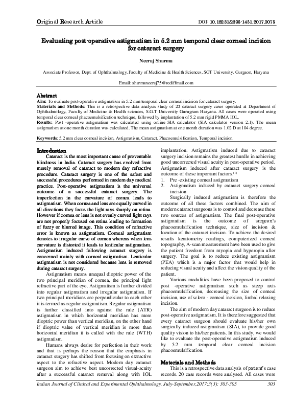 (PDF) Evaluating post-operative astigmatism in 5.2 mm temporal clear ...
