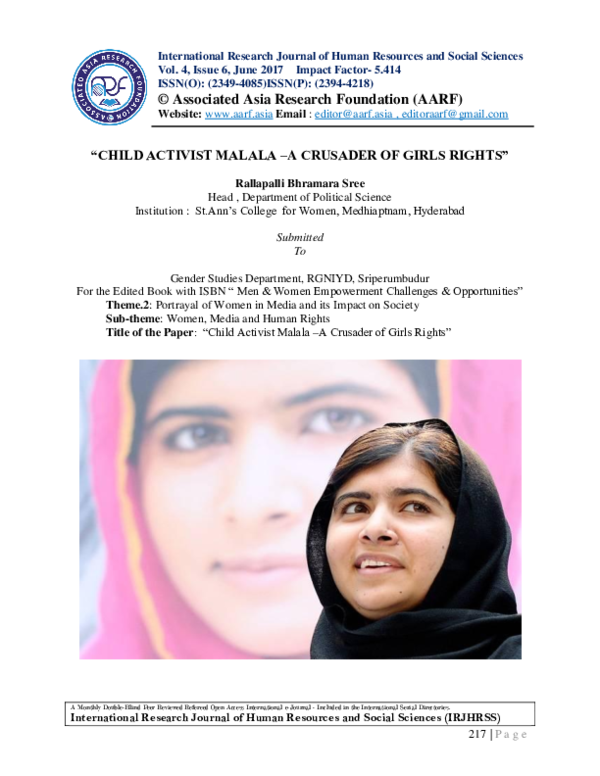 (PDF) " CHILD ACTIVIST MALALA –A CRUSADER OF GIRLS RIGHTS
