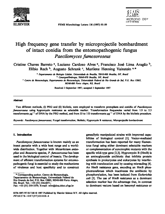 (PDF) High frequency gene transfer by microprojectile bombardment of ...