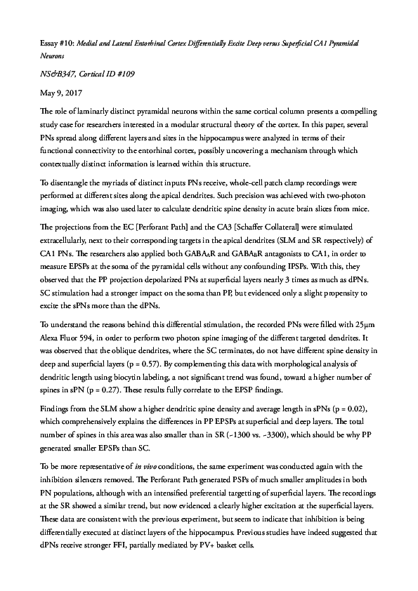 (PDF) Medial and Lateral Entorhinal Cortex Differentially Excite Deep versus Superficial CA1 ...