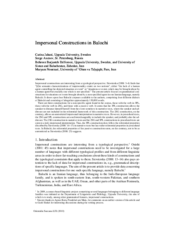 (PDF) Impersonal Constructions in Balochi