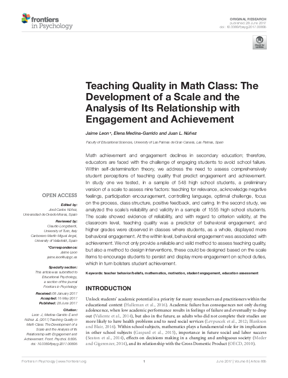 (PDF) Teaching Quality in Math Class: The Development of a Scale and ...