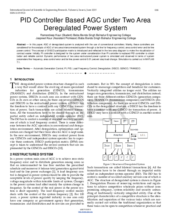Pdf Pid Controller Based Agc Under Two Area Deregulated Power System