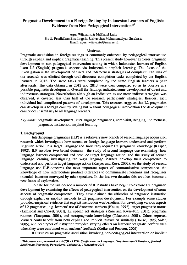 (PDF) Pragmatic Development in a Foreign Setting by Indonesian Learners ...
