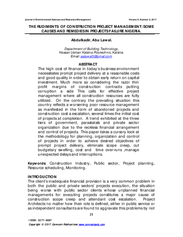 (PDF) THE RUDIMENTS OF CONSTRUCTION PROJECT MANAGEMENT: SOME CAUSES AND ...