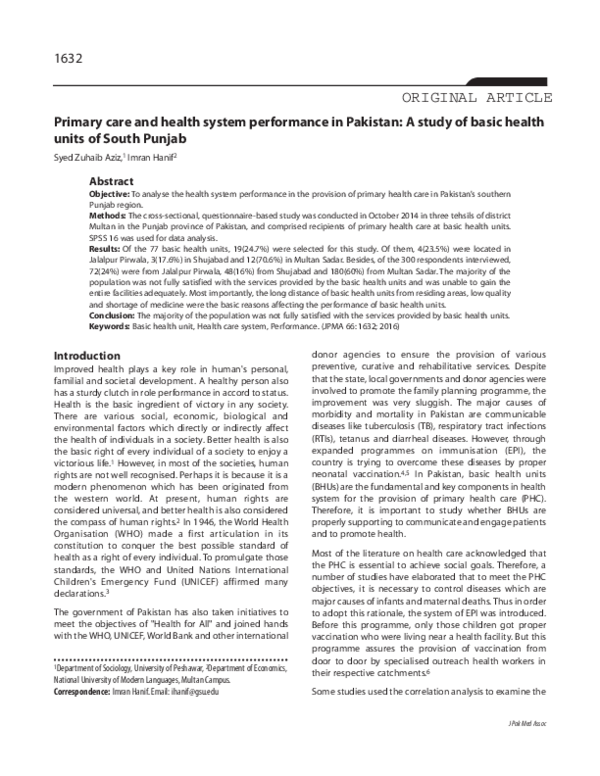 (PDF) Primary care and health system performance in Pakistan: A study ...