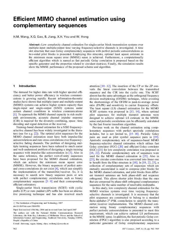 (PDF) Efficient MIMO channel estimation using complementary sequences