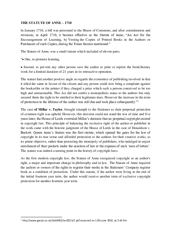 (DOC) THE STATUTE OF ANNE – 1710