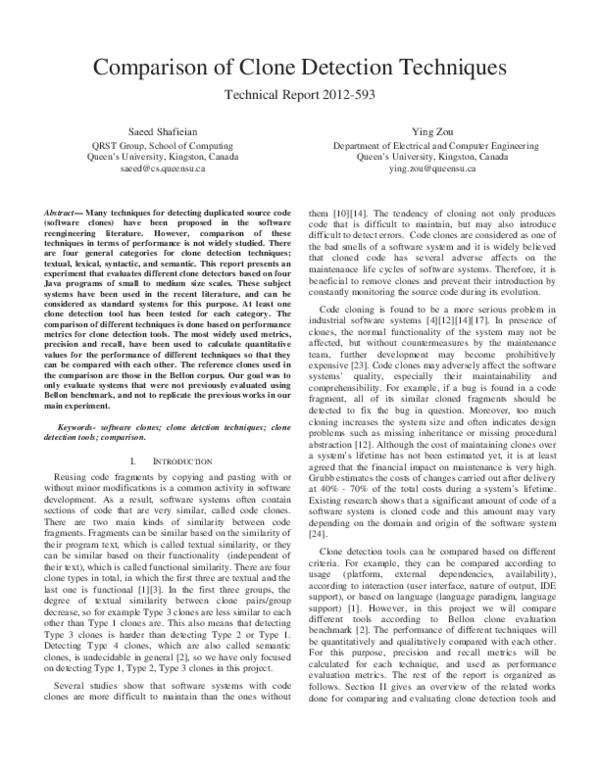 Pdf Comparison Of Clone Detection Techniques