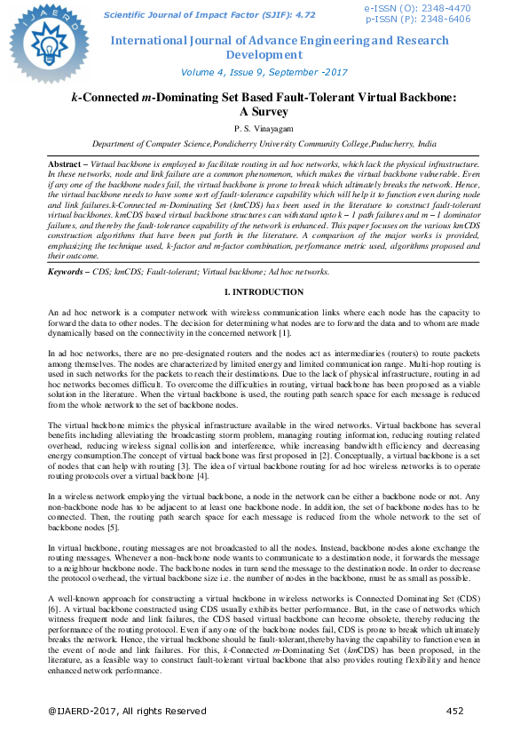 Pdf K Connected M Dominating Set Based Fault Tolerant Virtual Backbone A Survey Editor