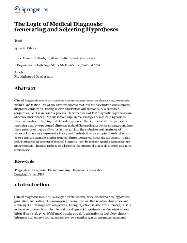 (PDF) The Logic of Medical Diagnosis: Generating and Selecting Hypotheses