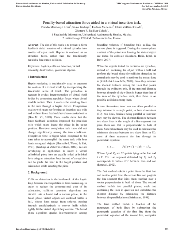 Pdf Penalty Based Attraction Force Aided In A Virtual Insertion Task Samir Garbaya And 