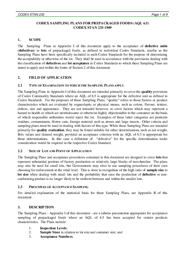(PDF) CODEX SAMPLING PLANS FOR PREPACKAGED FOODS (AQL 6.5) CODEX STAN ...