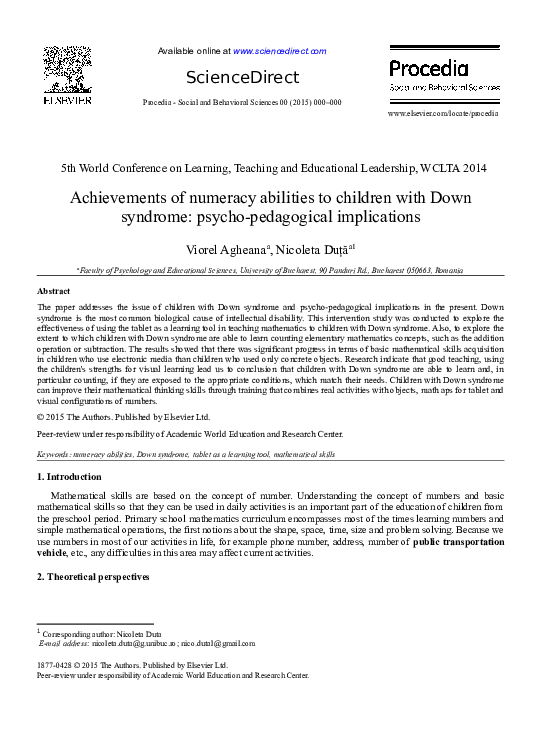 (DOC) Achievements of numeracy abilities to children with Down syndrome ...