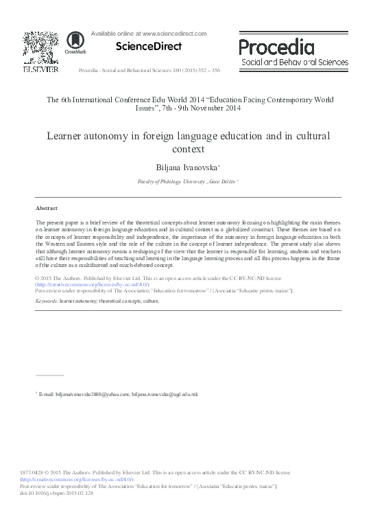 (PDF) Learner autonomy in foreign language education and in cultural context