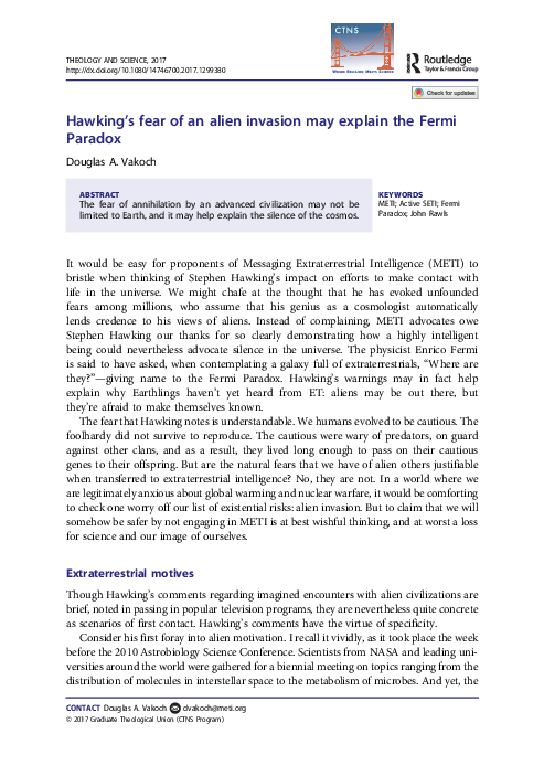 (PDF) Hawking’s fear of an alien invasion may explain the Fermi Paradox