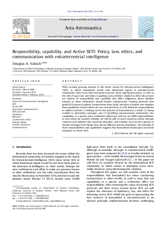 (PDF) Responsibility, capability, and Active SETI: Policy, law, ethics ...