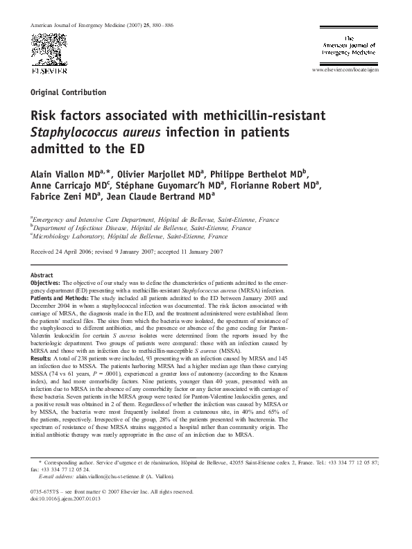 (PDF) Risk factors associated with methicillin-resistant Staphylococcus aureus infection in ...