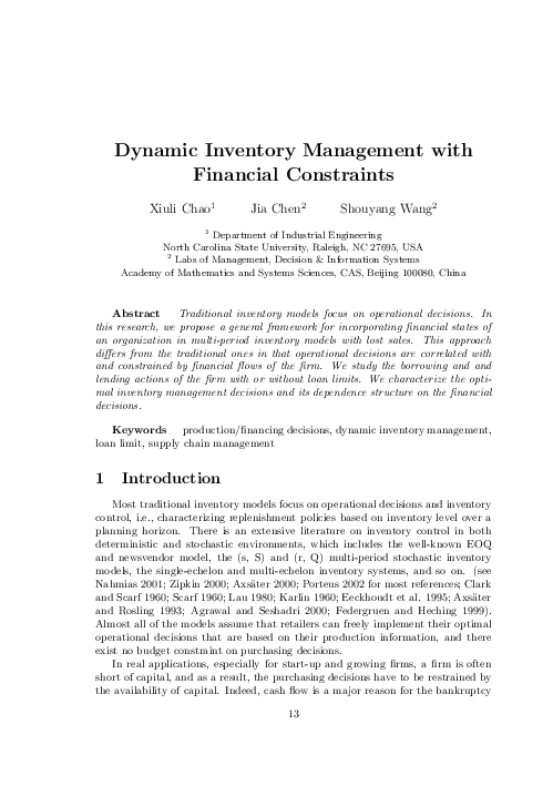 (PDF) Dynamic Inventory Management with Financial Constraints