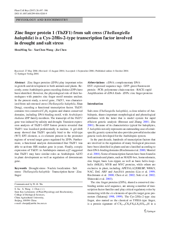 (PDF) Zinc finger protein 1 (ThZF1) from salt cress (Thellungiella ...