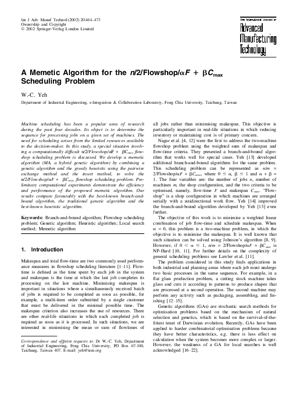 (PDF) A Memetic Algorithm for the n/2/Flowshop/α F+ β C max Scheduling Problem