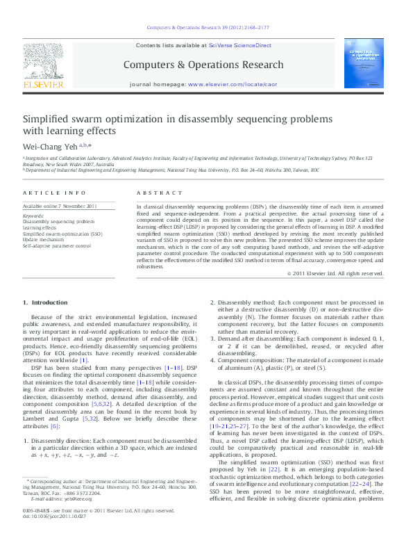 Pdf Simplified Swarm Optimization In Disassembly Sequencing Problems With Learning Effects 9705