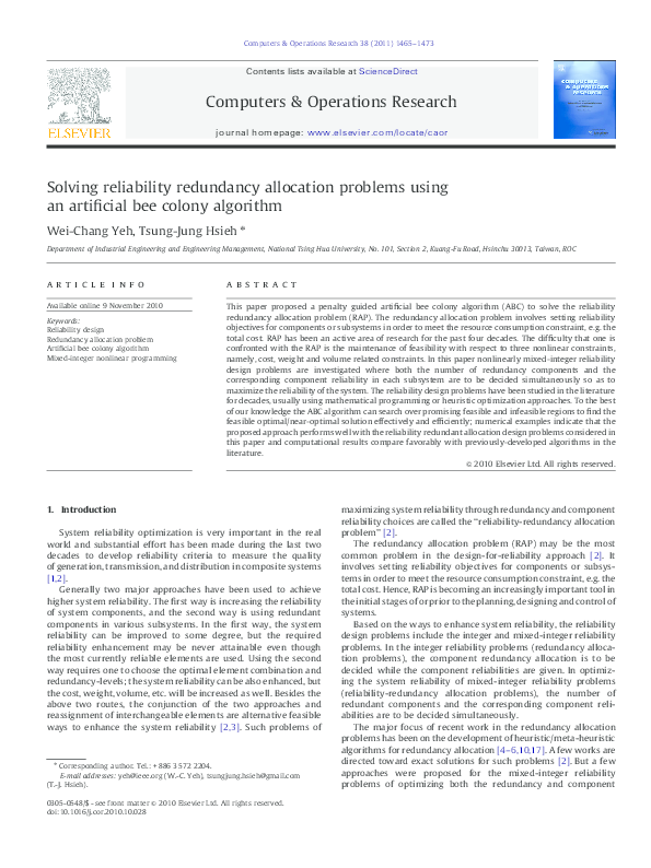 Pdf Solving Reliability Redundancy Allocation Problems Using An Artificial Bee Colony Algorithm