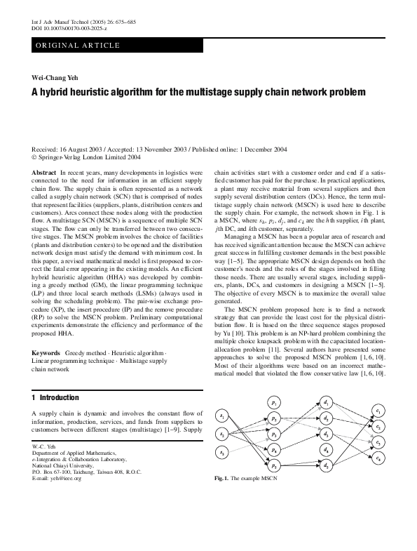 Pdf A Hybrid Heuristic Algorithm For The Multistage Supply Chain Network Problem