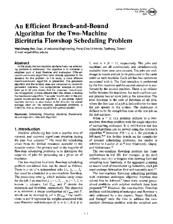 Pdf An Efficient Branch And Bound Algorithm For The Two Machine Bicriteria Flowshop Scheduling