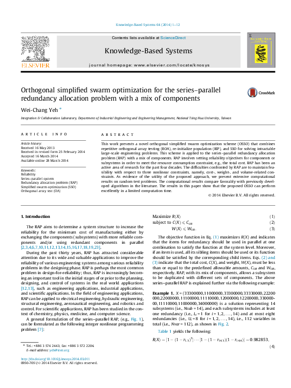 Pdf Orthogonal Simplified Swarm Optimization For The Seriesparallel Redundancy Allocation