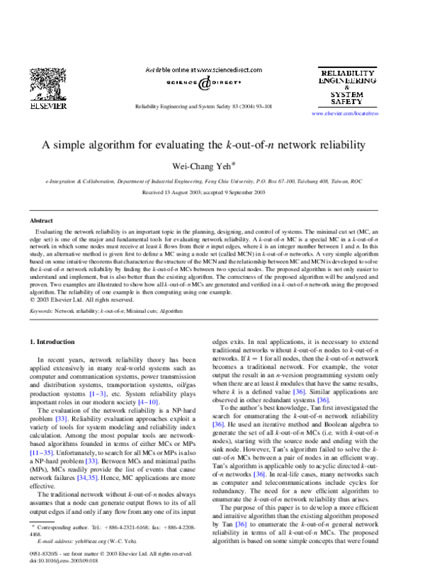 Pdf A Simple Algorithm For Evaluating The K Out Of N Network