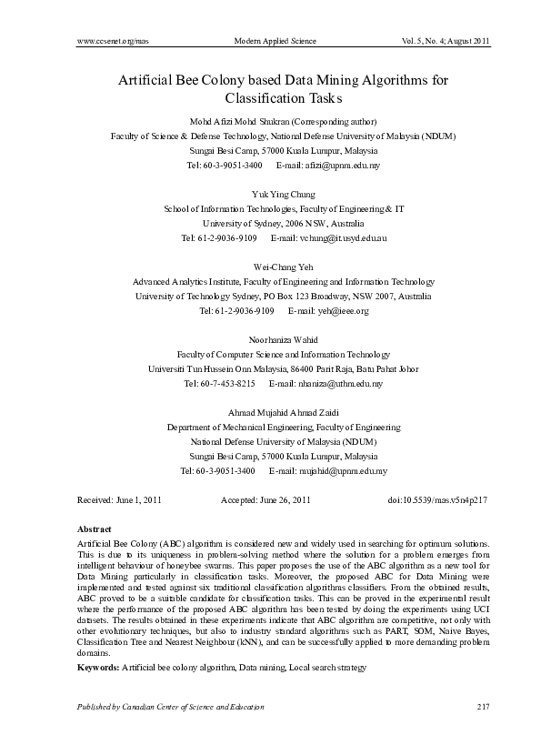 (PDF) Artificial bee colony based data mining algorithms for classification tasks | Wei-chang ...