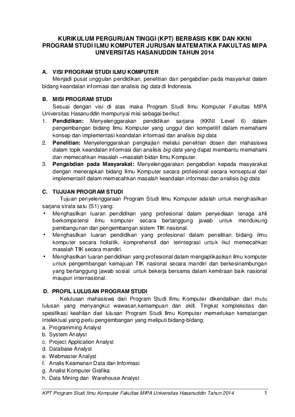 (PDF) KURIKULUM PERGURUAN TINGGI (KPT) BERBASIS KBK DAN KKNI PROGRAM STUDI ILMU KOMPUTER JURUSAN ...