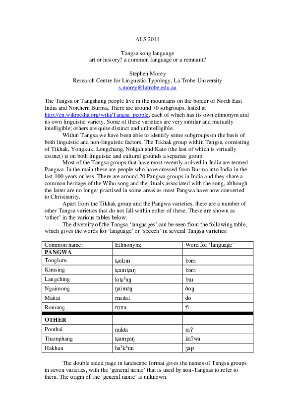 (PDF) Tangsa song language - common language, proto form or both?