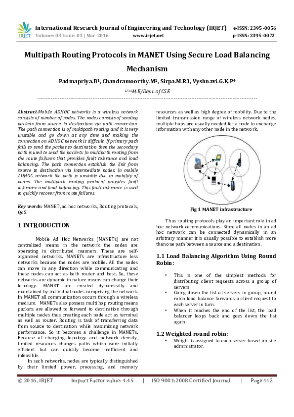 Pdf Multipath Routing Protocols In Manet Using Secure Load Balancing
