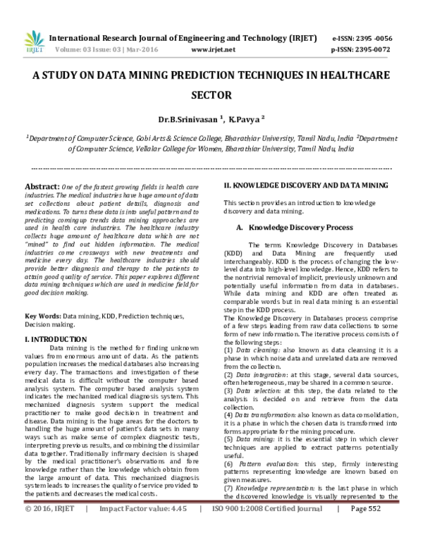 (PDF) A STUDY ON DATA MINING PREDICTION TECHNIQUES IN HEALTHCARE SECTOR