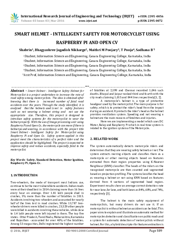 (PDF) SMART HELMET -INTELLIGENT SAFETY FOR MOTORCYCLIST USING RASPBERRY ...