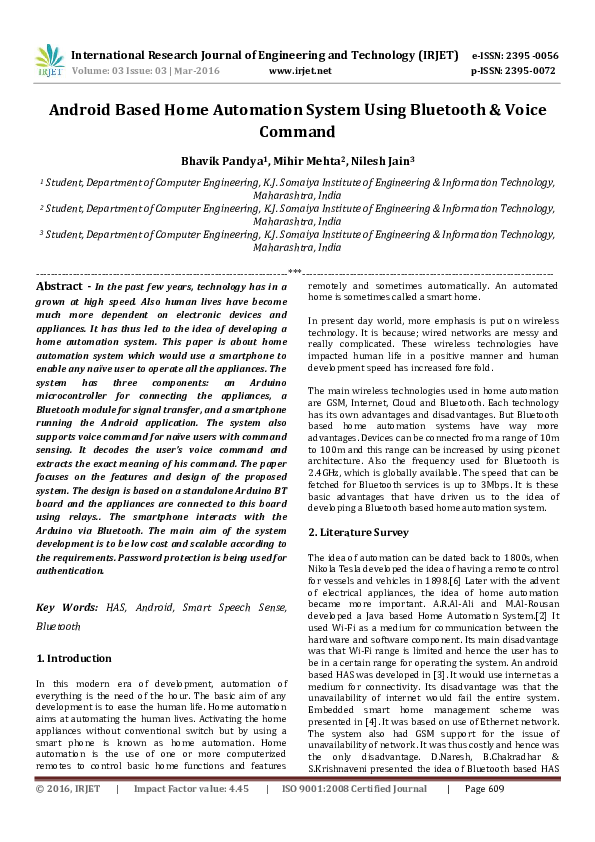 Pdf Android Based Home Automation System Using Bluetooth And Voice Command